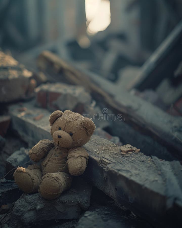 Brown Teddy Bear Sitting on Pile of Rubble Stock Illustration ...
