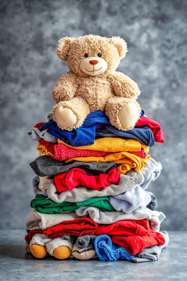 A Teddy Bear Sitting on Top of a Pile of Folded Clothes Stock Image ...