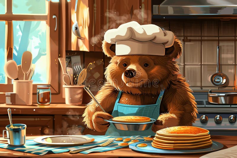 A Brown Teddy Bear is Sitting at a Table with a Plate of Pancakes in ...