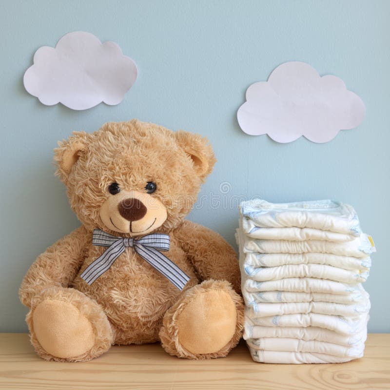 Brown Teddy Bear beside Stack of Diapers on Wooden Surface, Cloud Decor ...