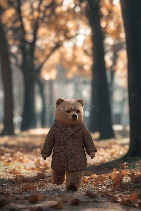 Brown Teddy Bear Walks on Path Surrounded by Fallen Autumn Leaves. Bear ...