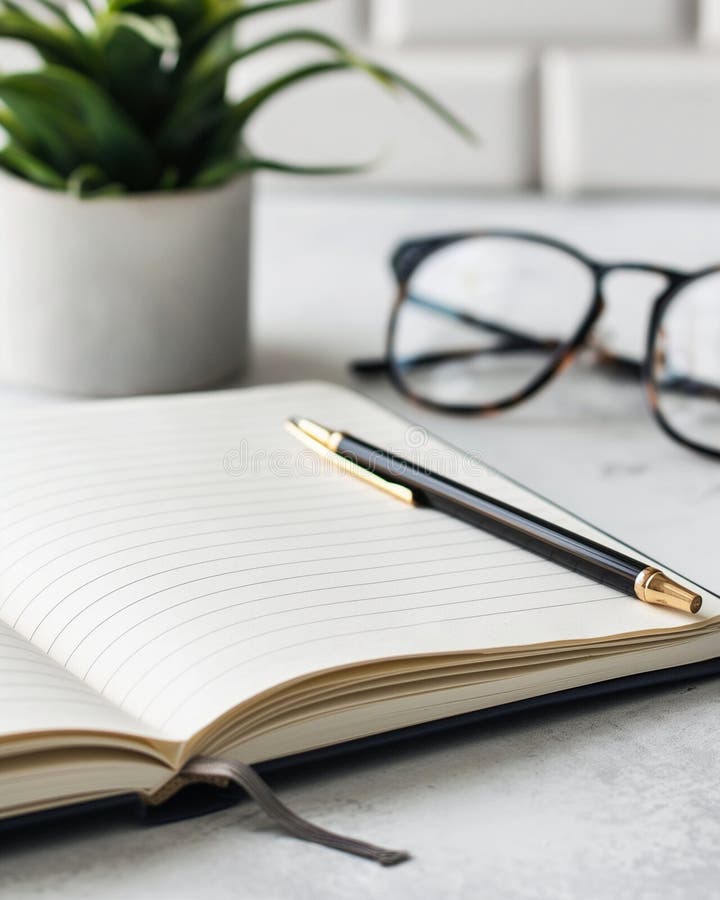 Brown Tortoise Shell Eyeglasses and Gold Pen on an Open Notebook for Stylish Note-Taking Stock ...