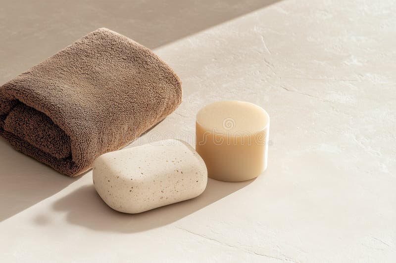 Brown Towel, Cylindrical Soap, and Rectangular Soap on Beige Surface ...