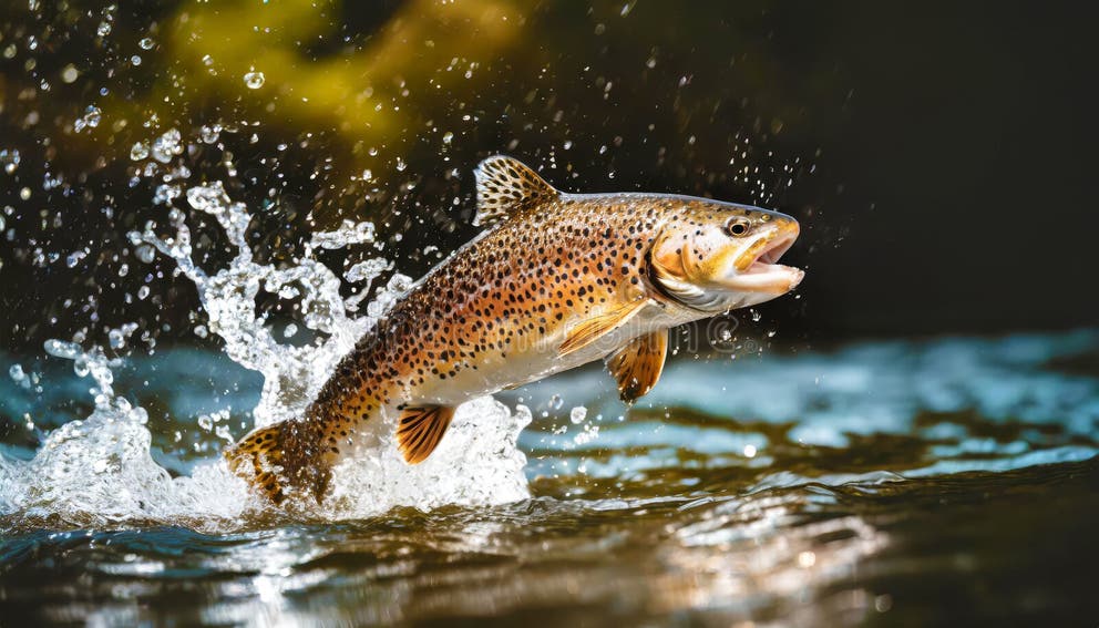 Brown Trout is Jumping Out of Water with Water Splash Stock ...