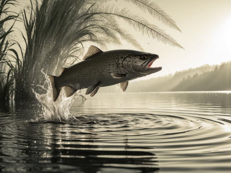 Brown Trout is Jumping Out of Water with Water Splash at the Sunny Lake ...