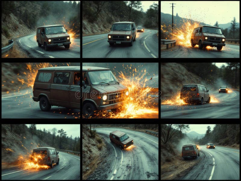 Brown Van Making Sparks while Drifting on a Mountain Road Stock Photo ...