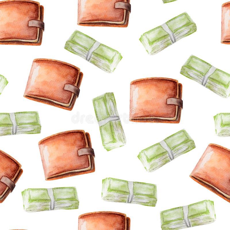 Brown Wallet and Wad of Money Watercolor Seamless Pattern Stock ...