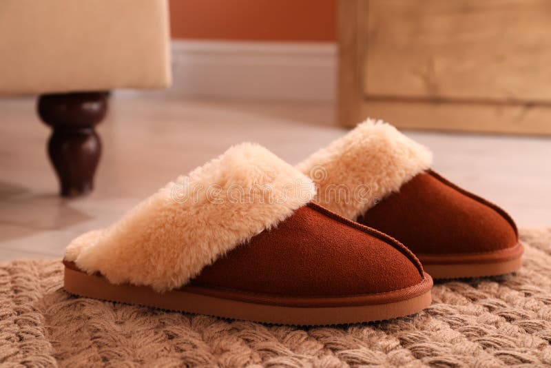 Brown Warm Slippers on Floor in Room Stock Photo - Image of cozy, rest ...