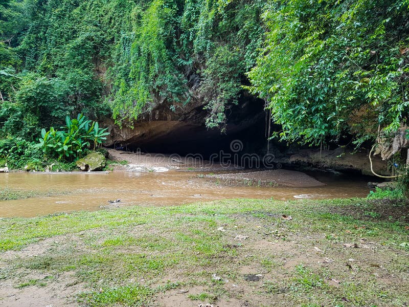 Brown Water River Flow Inside Entry Stalatite Cave Exit Chalk Stone ...
