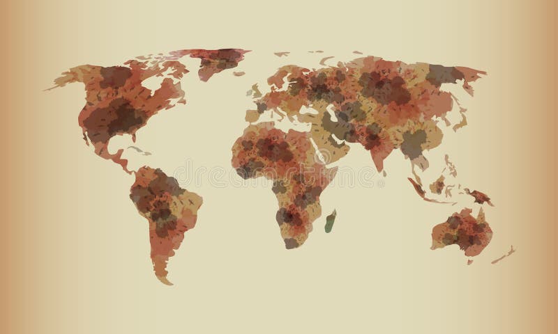 Brown Watercolor World Map Vector Illustration with Different ...