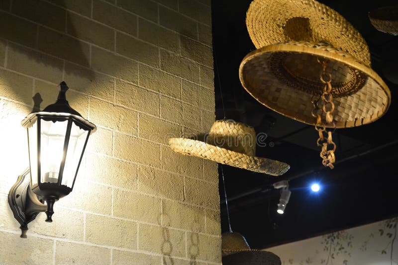 Brown Weave Hats Display at Ceiling Stock Image - Image of material ...