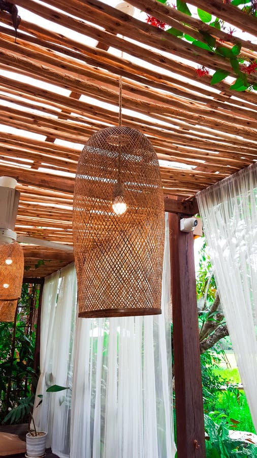 Brown Weaved Bamboo Lamp Hanging from the Cailing Stock Image - Image ...