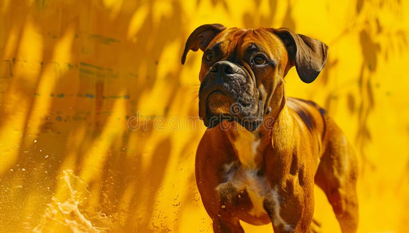 A Brown and White Boxer Dog Running through the Water Stock Image ...