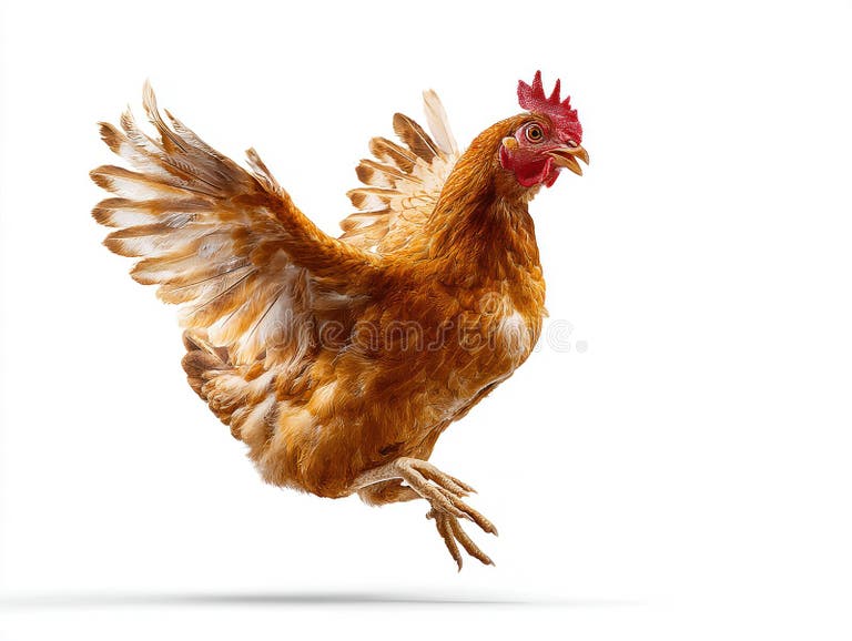 A Brown and White Chicken in Mid-flight Against a Plain Backdrop ...