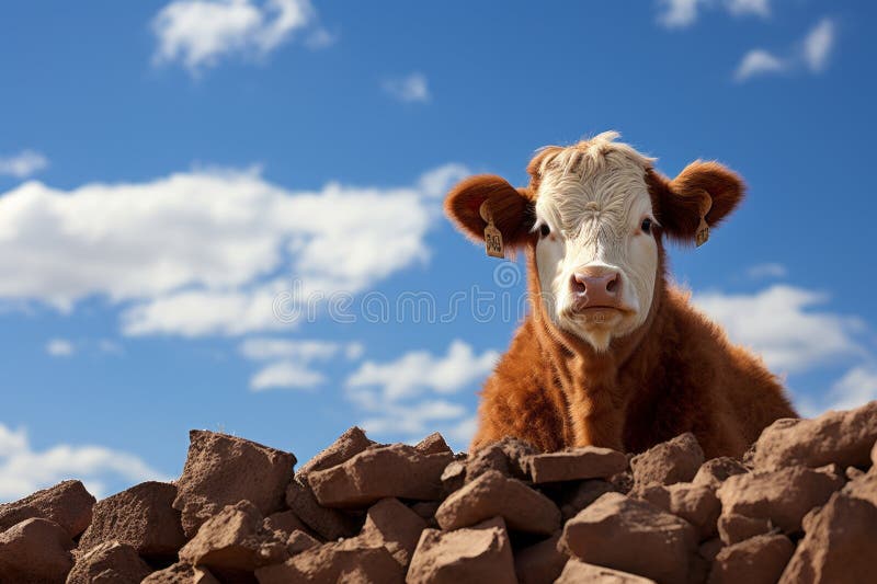 A Brown and White Cow Standing on Top of a Pile of Rocks Stock ...