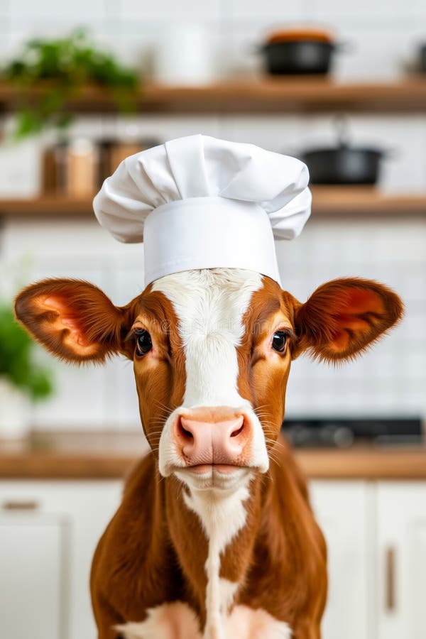 Brown White Cow Wearing Chef's Hat Kitchen Stock Photos - Free ...