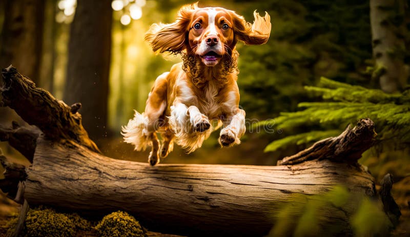 Brown and White Dog Jumping Over Log in the Air in Forest. Generative ...