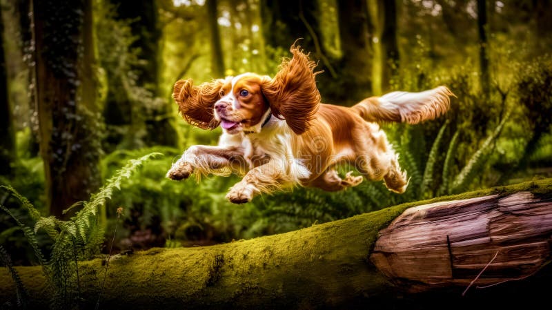 Brown and White Dog Jumping Over Log into the Air in Forest. Generative ...