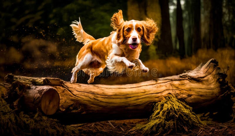 Brown and White Dog Jumping Over Log in the Woods with Trees in the ...