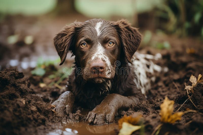 A Brown and White Dog Laying in the Mud Stock Illustration ...