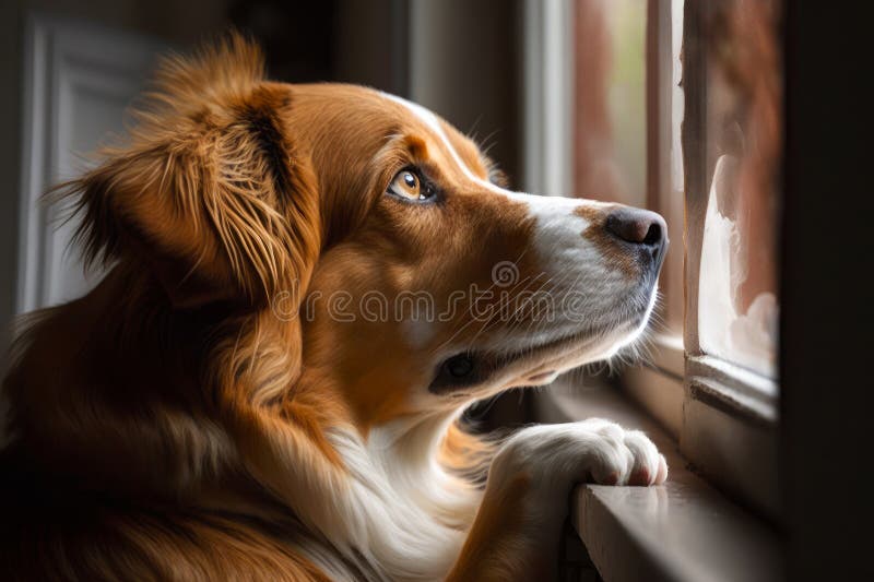 Brown and White Dog Looking Out of Window at Something in the Distance ...