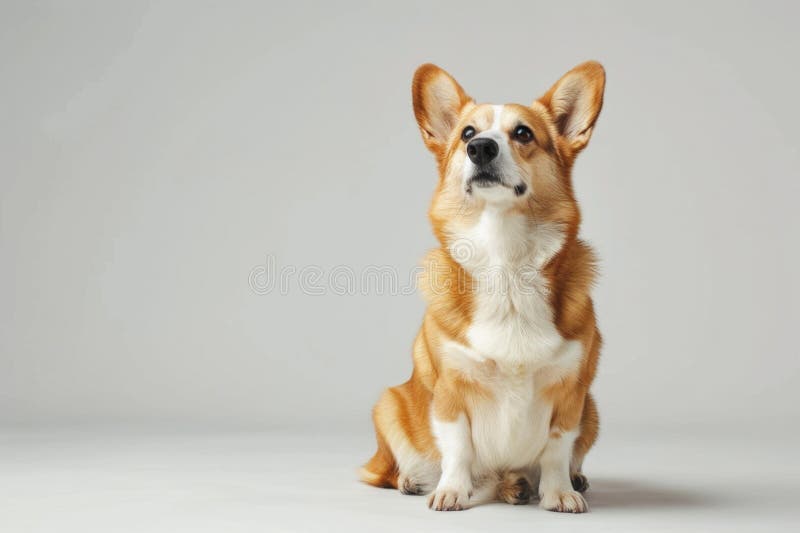 A Brown and White Dog is Sitting on Top of a White Floor, Looking ... A Brown and White Dog is Sitting on Top of a White Floor, Looking ...