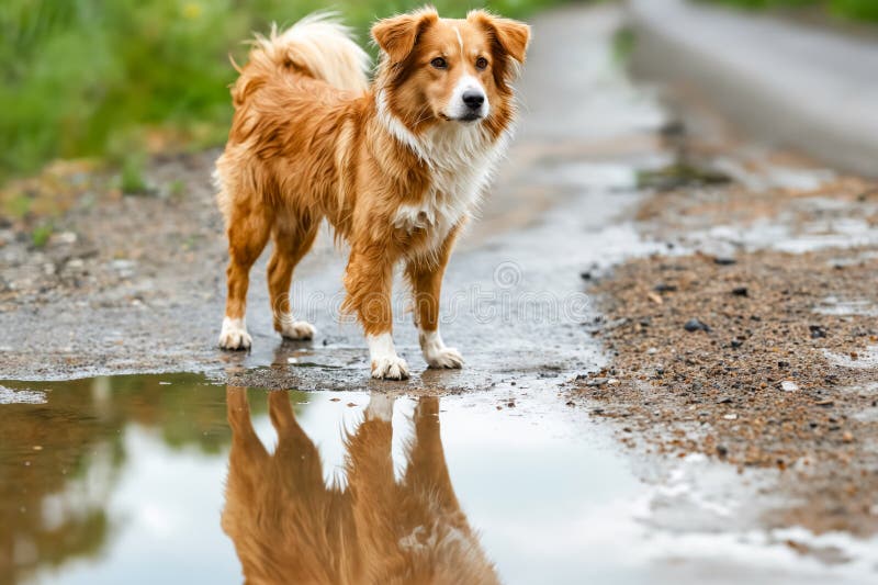 A Brown and White Dog Standing in a Puddle of Water. Generative AI ...