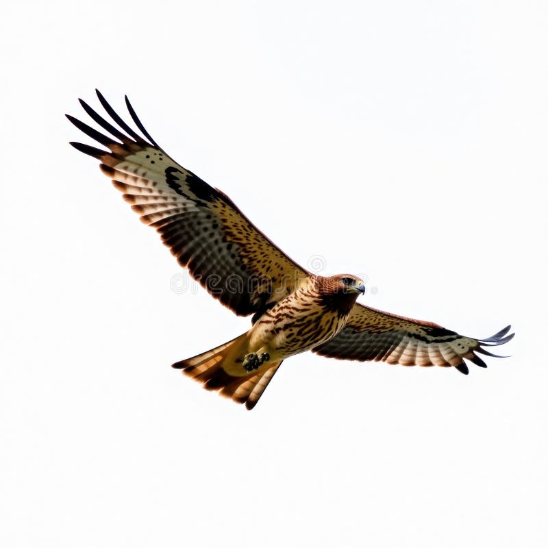 Brown and White Hawk Soars through Clear Light Blue Sky. Wings Spread ...
