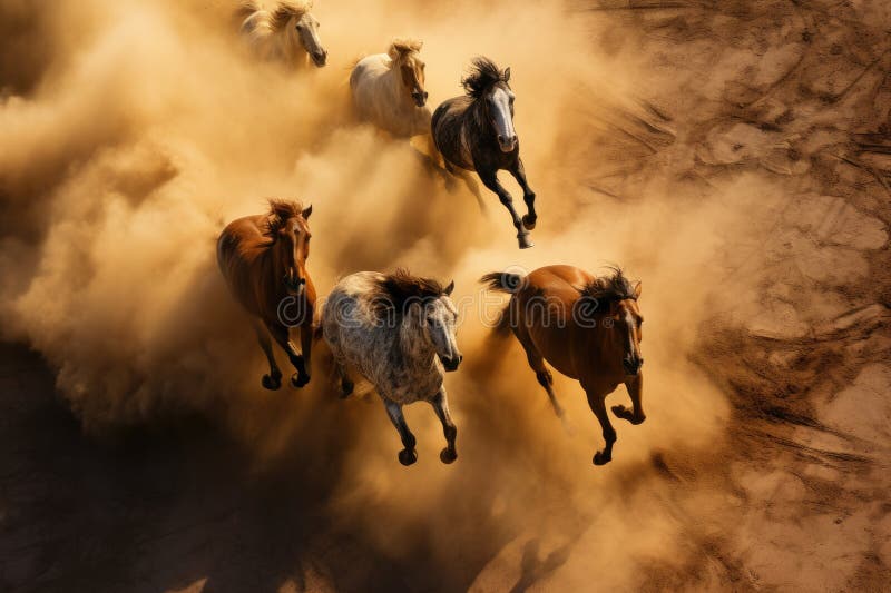 Brown and White Horses Running among the Yellow Dust Rising on the ...