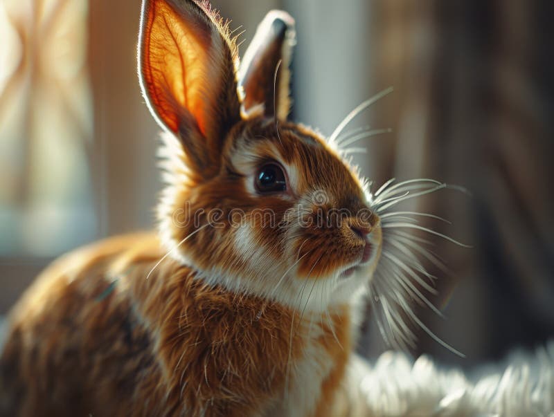 Brown and White Rabbit Sitting on Bed Stock Photo - Image of fluffy ...