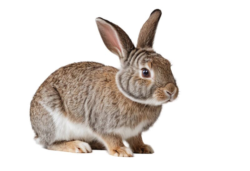 Brown and White Rabbit Sitting Calmly on White Background, Side View ...