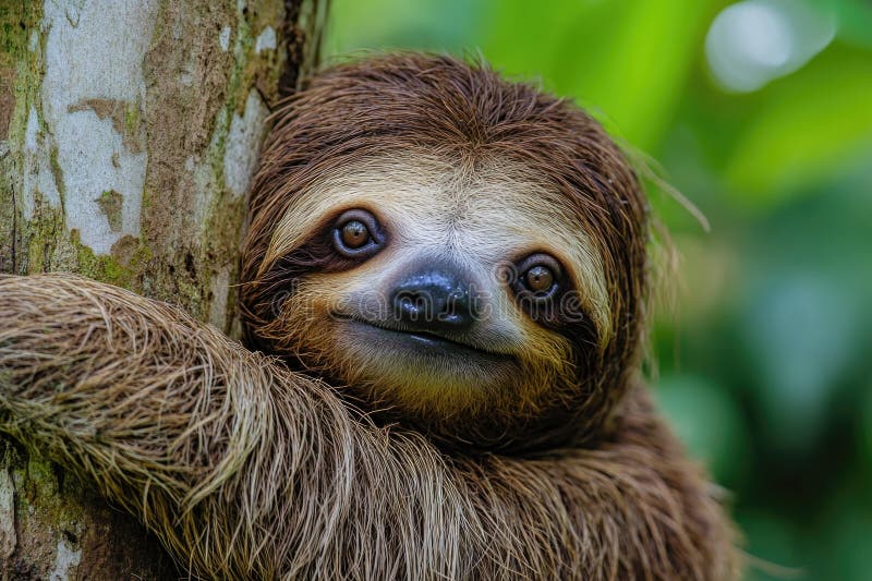 A Brown and White Sloth is Hugging a Tree Trunk Stock Image - Image of ...