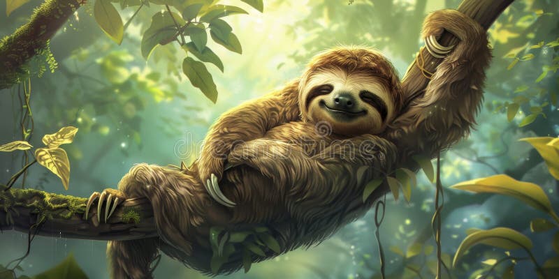 A Brown and White Sloth is Relaxing on a Tree Branch Stock Illustration ...
