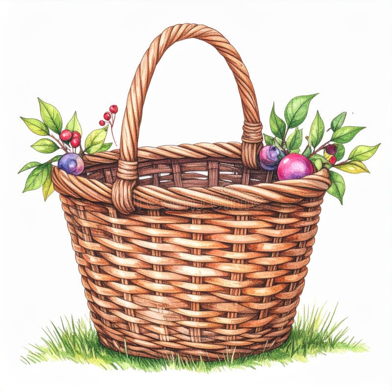 Brown Wicker Basket with Berries and Fruit Stock Illustration ...