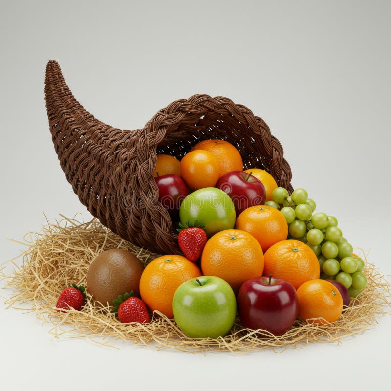 Brown Wicker Cornucopia Overflowing with Colorful Fruit Stock ...