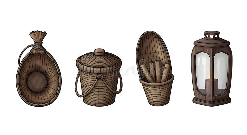 Brown Wicker Objects: Baskets, Lantern, Bag Illustrative Set Stock ...