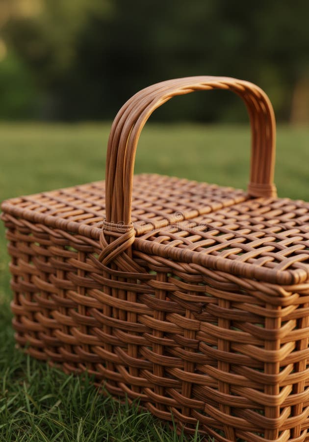 Brown Wicker Picnic Basket on Green Grass Stock Image - Image of drink ...