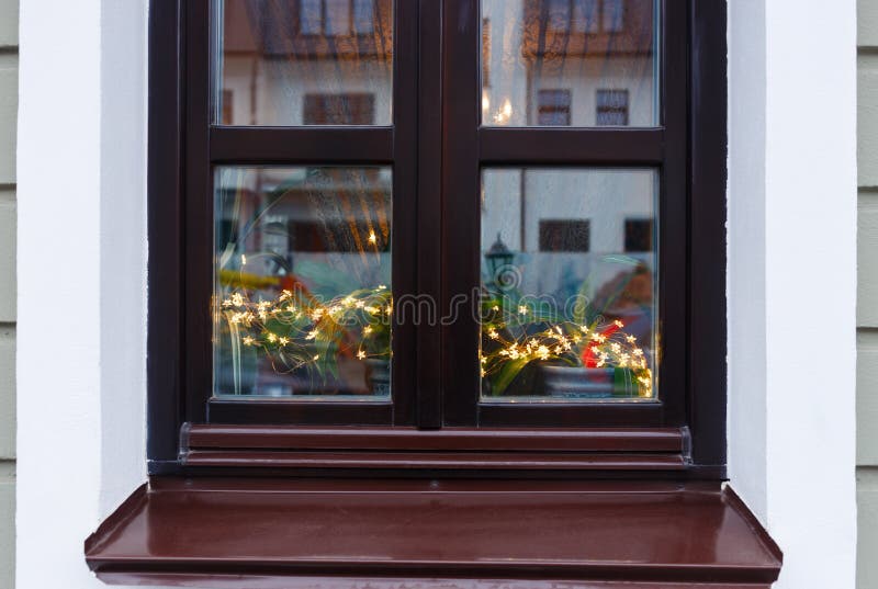 Brown Window Decorated with Lights Stock Photo - Image of illumination ...