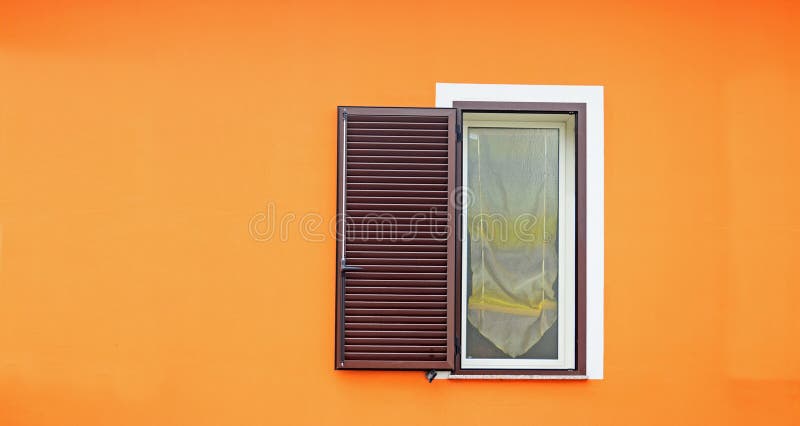 Brown Window in an Orange Wall Stock Image - Image of style, vintage ...