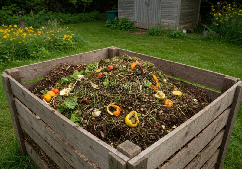 Brown Wooden Compost Bin Filled with Organic Waste Stock Illustration ...