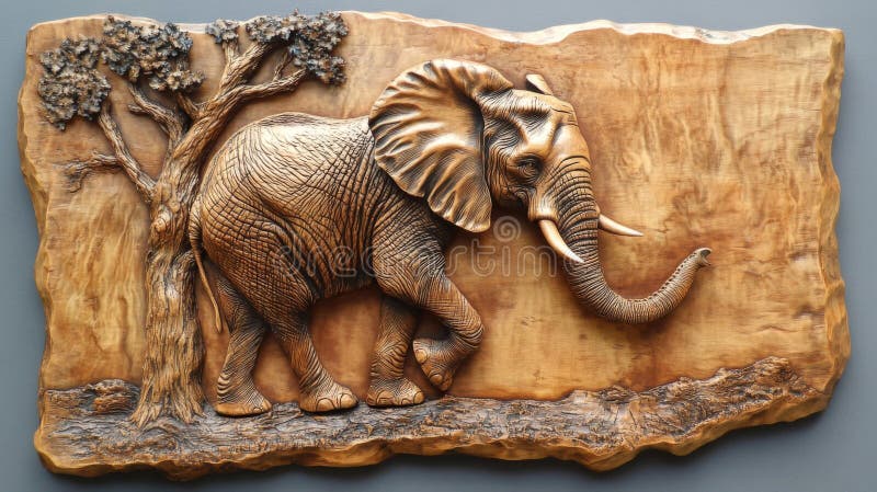 Brown Wooden Elephant Sculpture with Tree Relief Carving Stock ...