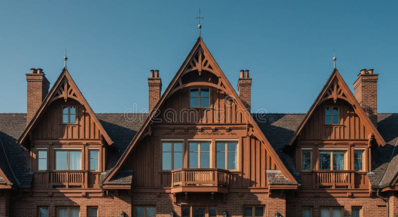 Brown Wooden House with Brick Base and Gable Roofs Stock Illustration ...