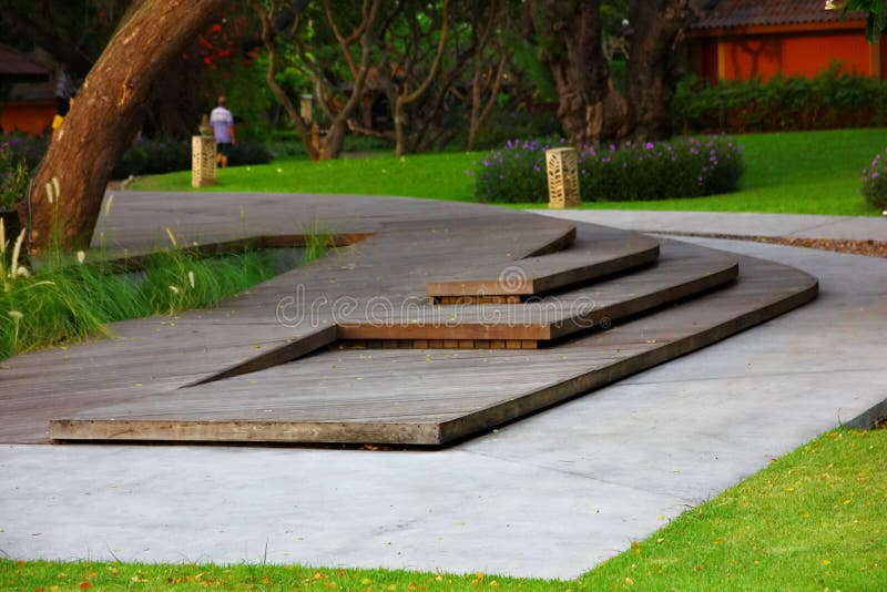 Brown Wooden Step Walk Way in Park Stock Image - Image of road, path ...