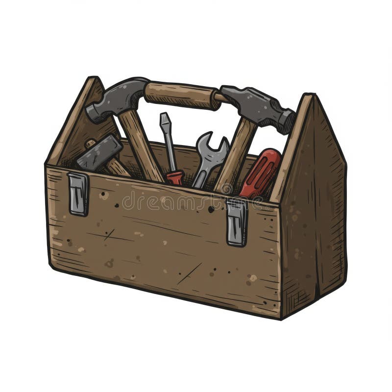Brown Wooden Toolbox with Assorted Hand Tools Stock Illustration - Illustration of handyman ...