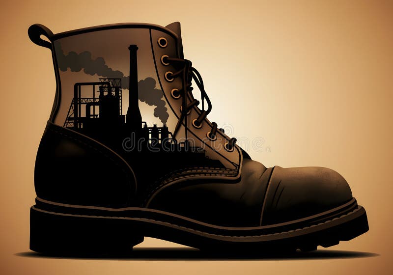A Brown Work Boot with an Industrial Factory Silhouette Stock ...