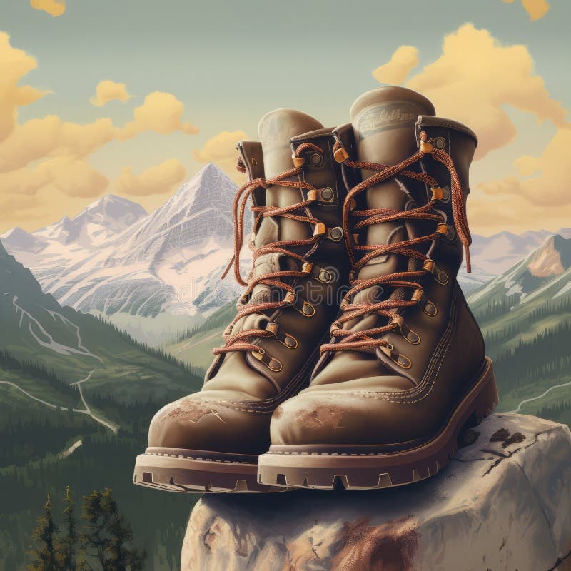 Brown Worn Hiking Boots on Background of Mountains. Generative AI Stock ...