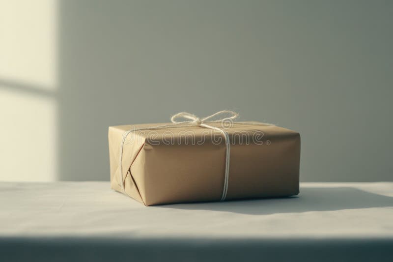A Brown Wrapped Present Sitting on a Table Stock Image - Image of ...