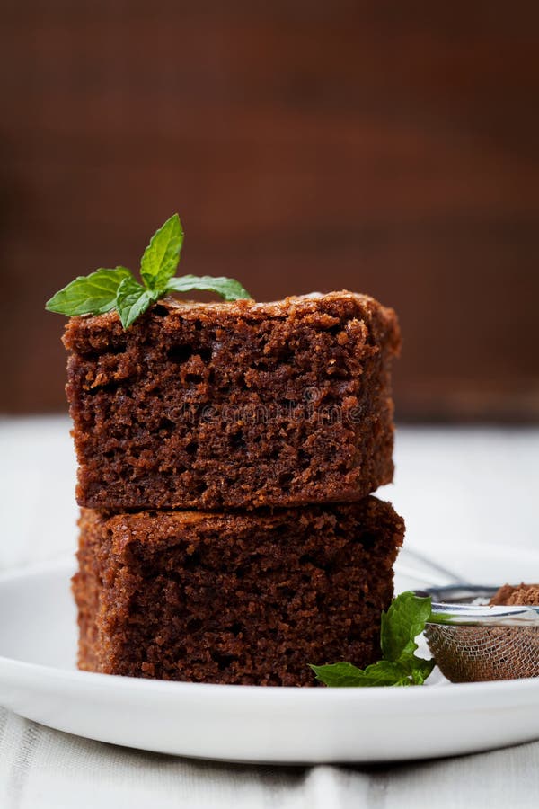 Brownie Stack, Closeup Chocolate Cake in Plate on Rustic Table Stock ...
