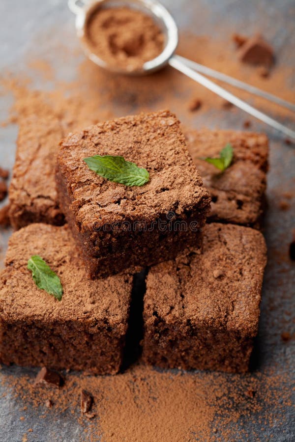 Brownie Stack, Closeup Chocolate Cake in Plate on Rustic Table Stock ...
