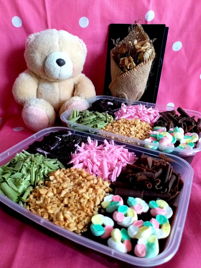 Brownies Creamy with Mixed Topping and Sweets Stock Image - Image of ...